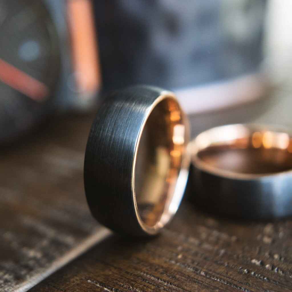 Black and Rose Gold Tungsten Ring | The Liam | Madera Bands